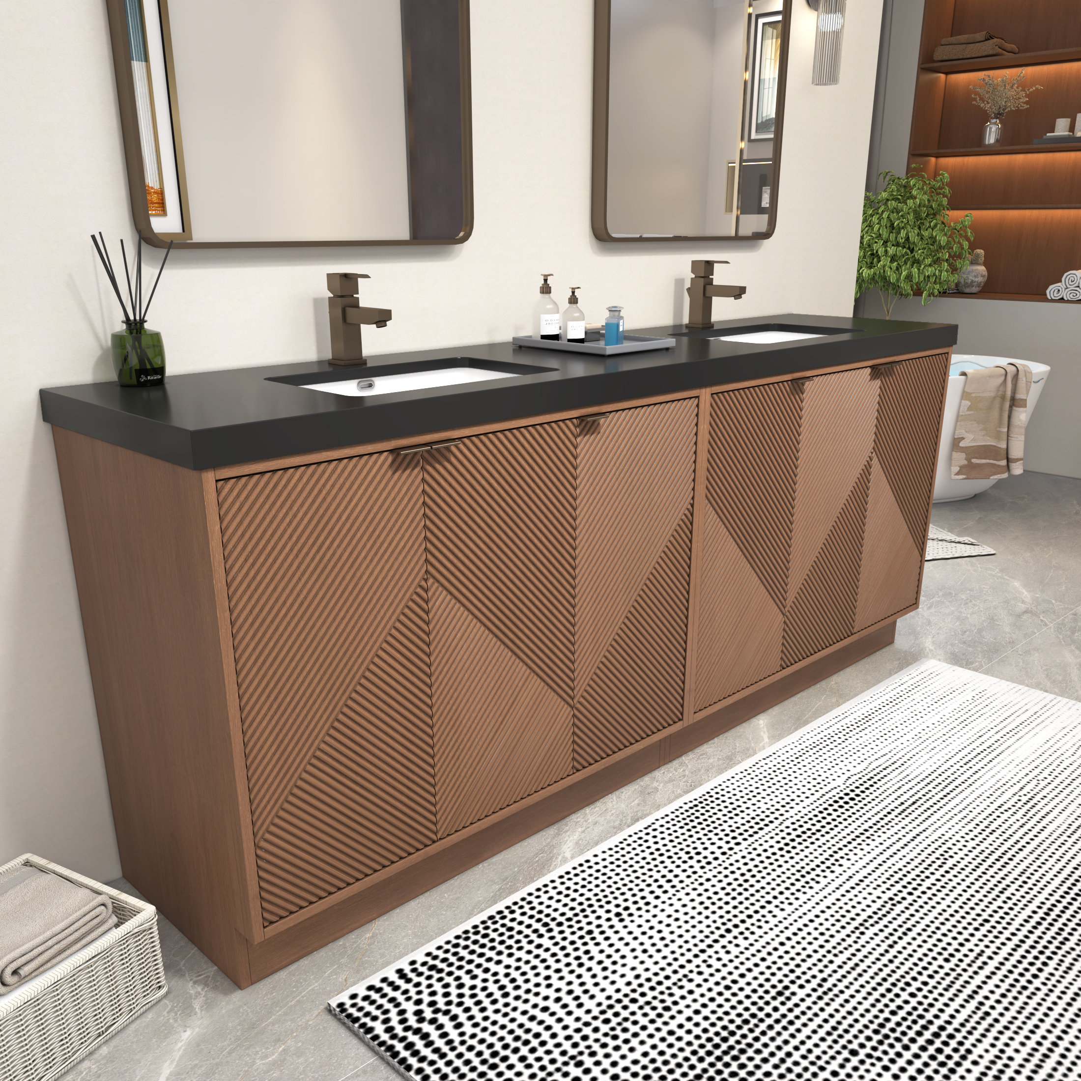 Corrigan Studio Monterey 83.8" Inch Freestanding Bathroom Vanity + Reinforced Black Acrylic ...